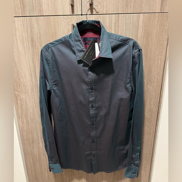 Celio | Shirts | Celio Dress Shirt Dark Green Dual Tone Slim Fit Small ...